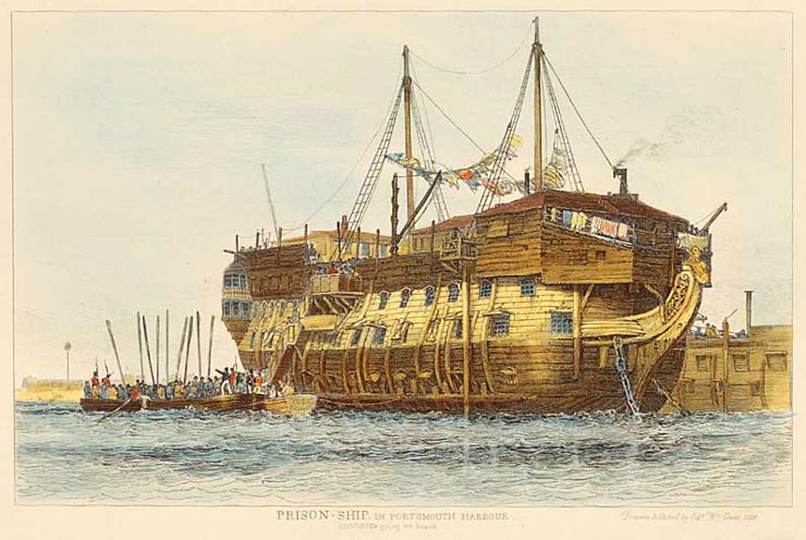 Convicts boarding a hulk at Portsmouth, 1828